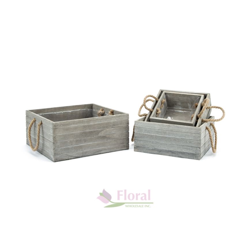 Grey Wood Boxes With Rope Handles - Potomac Floral Wholesale