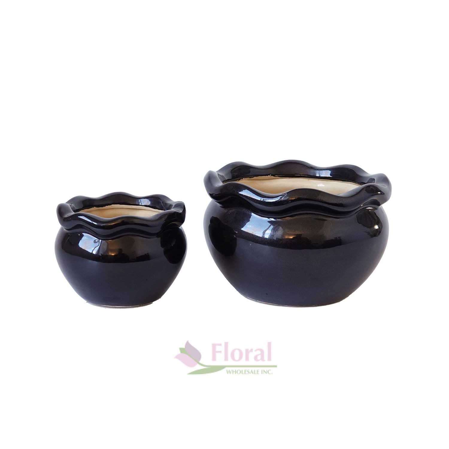 Ceramic Scalloped Garden Pot- Set of 2 - Black - Potomac Floral Wholesale