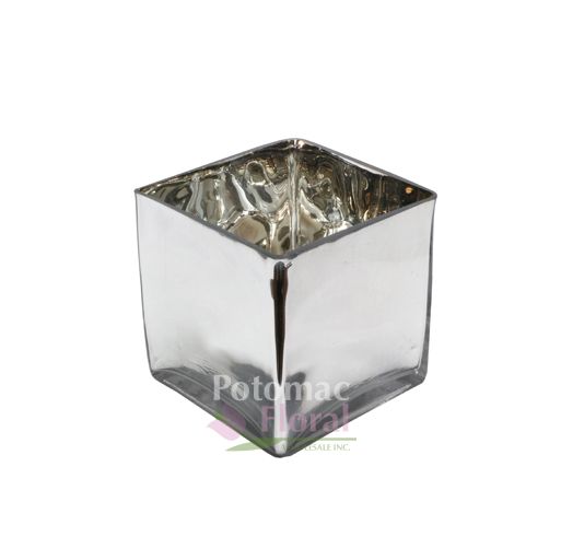 Metallic Silver Glass Square Cube 4'' Tall x 4'' x 4 - Potomac Floral ...