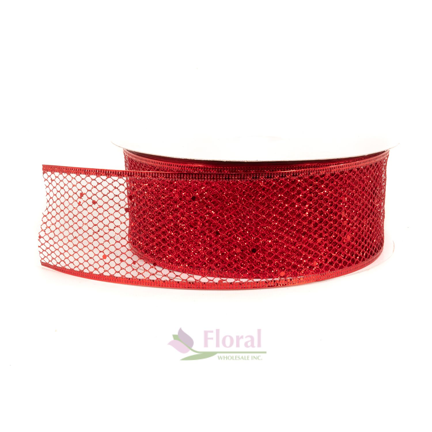 Glittered Netting Ribbon, Wired #40 Red x 50 Yds - Potomac Floral Wholesale