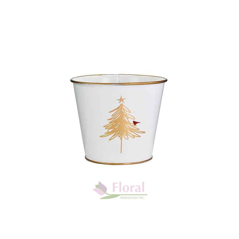 Metal 5" x 4.5" Pot - Gold Tree w/ Cardinal Bird - Potomac Floral Wholesale